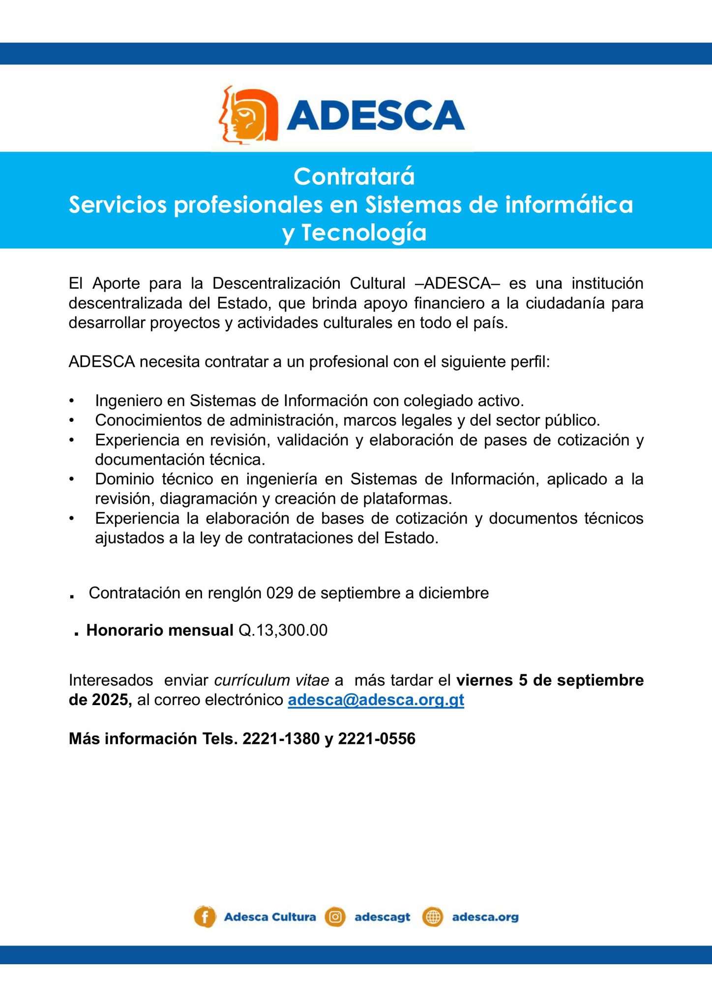 Convocatoria Servicios profesionales en Sistemas de Informática y ...